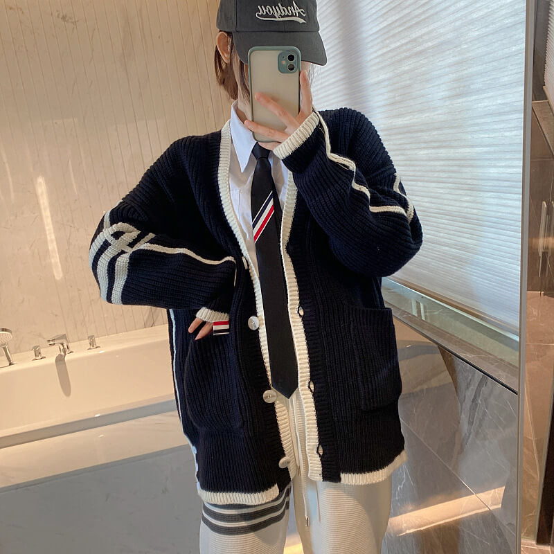 V Neck Preppy Sweater With Stripe- Femboy Fashion
