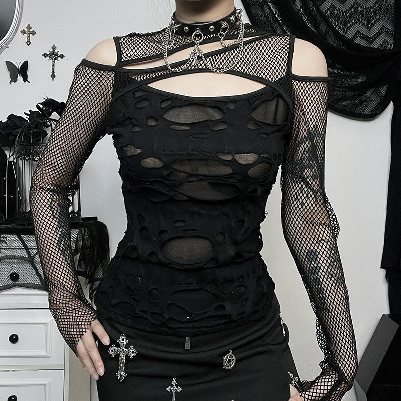 Gothic Black Ripped Fishnet T-shirt - Femboy Fashion