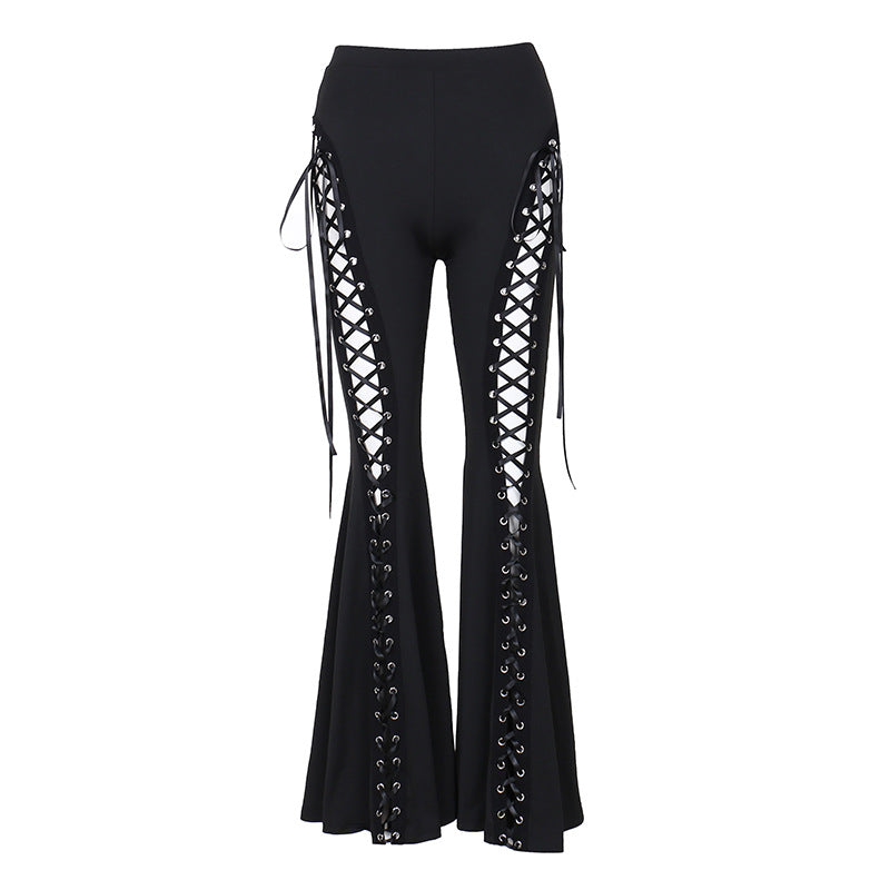 Gothic Black Lace Up Flare Pants - Femboy Fashion