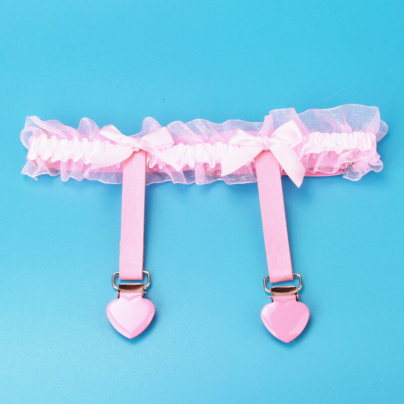 Black/White/Pink Lace Garter With Plaid Bow - Femboy Fashion