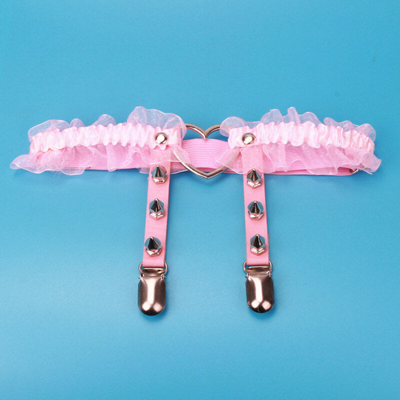 Black/White/Pink Lace Leg Garter With Heart - Femboy Fashion