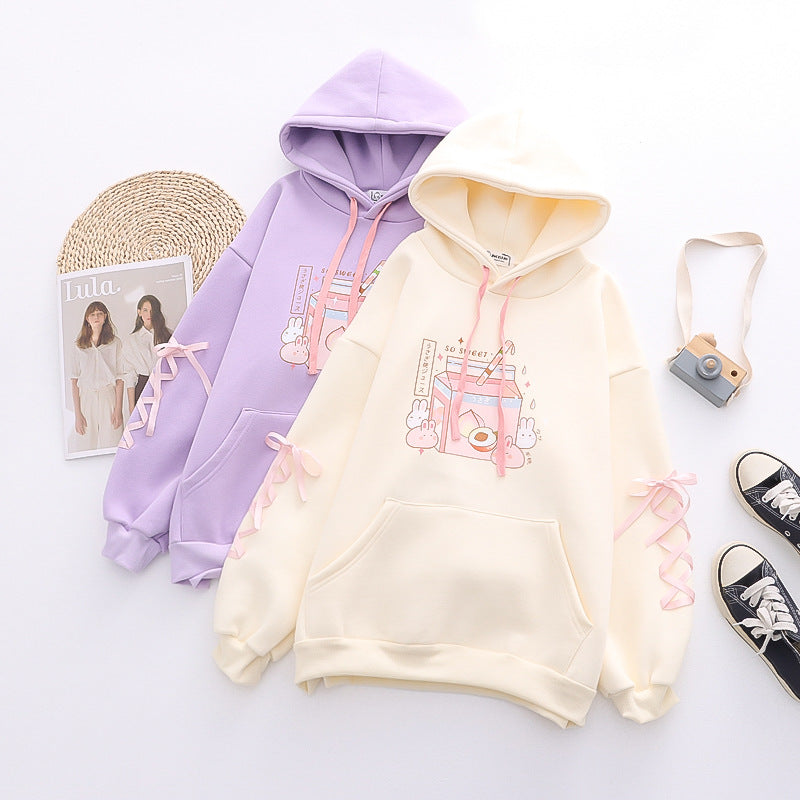 Cute Rabbit & Peach Milk Loose Comfy Hoodie - Femboy Fashion