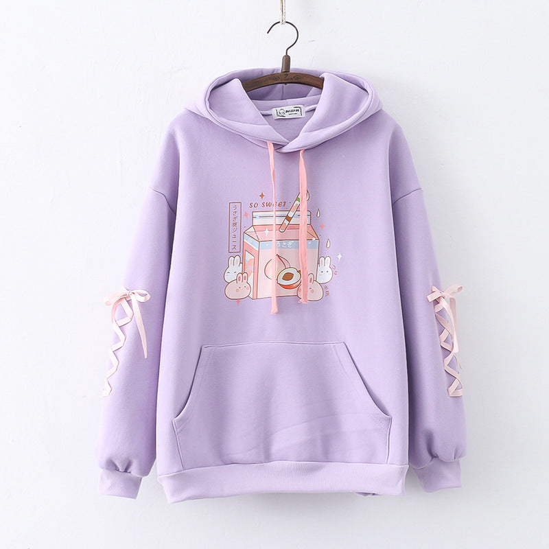 Cute Rabbit & Peach Milk Loose Comfy Hoodie - Femboy Fashion