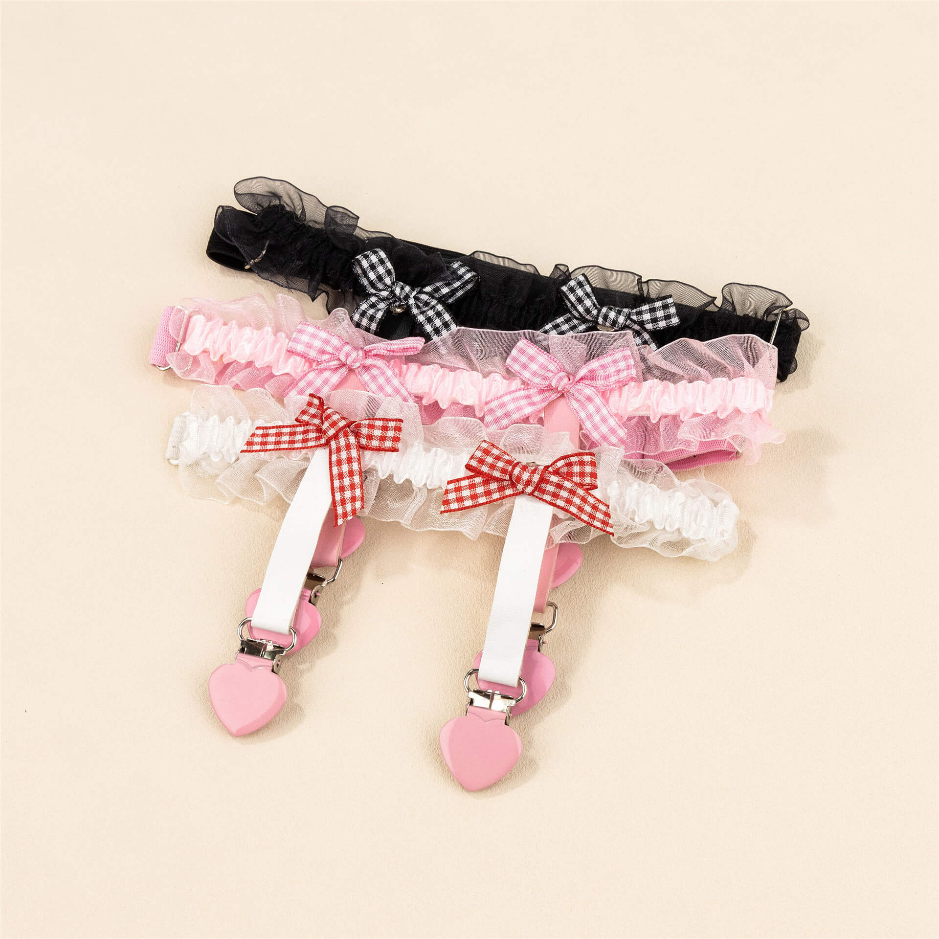 Black/White/Pink Lace Garter With Plaid Bow - Femboy Fashion