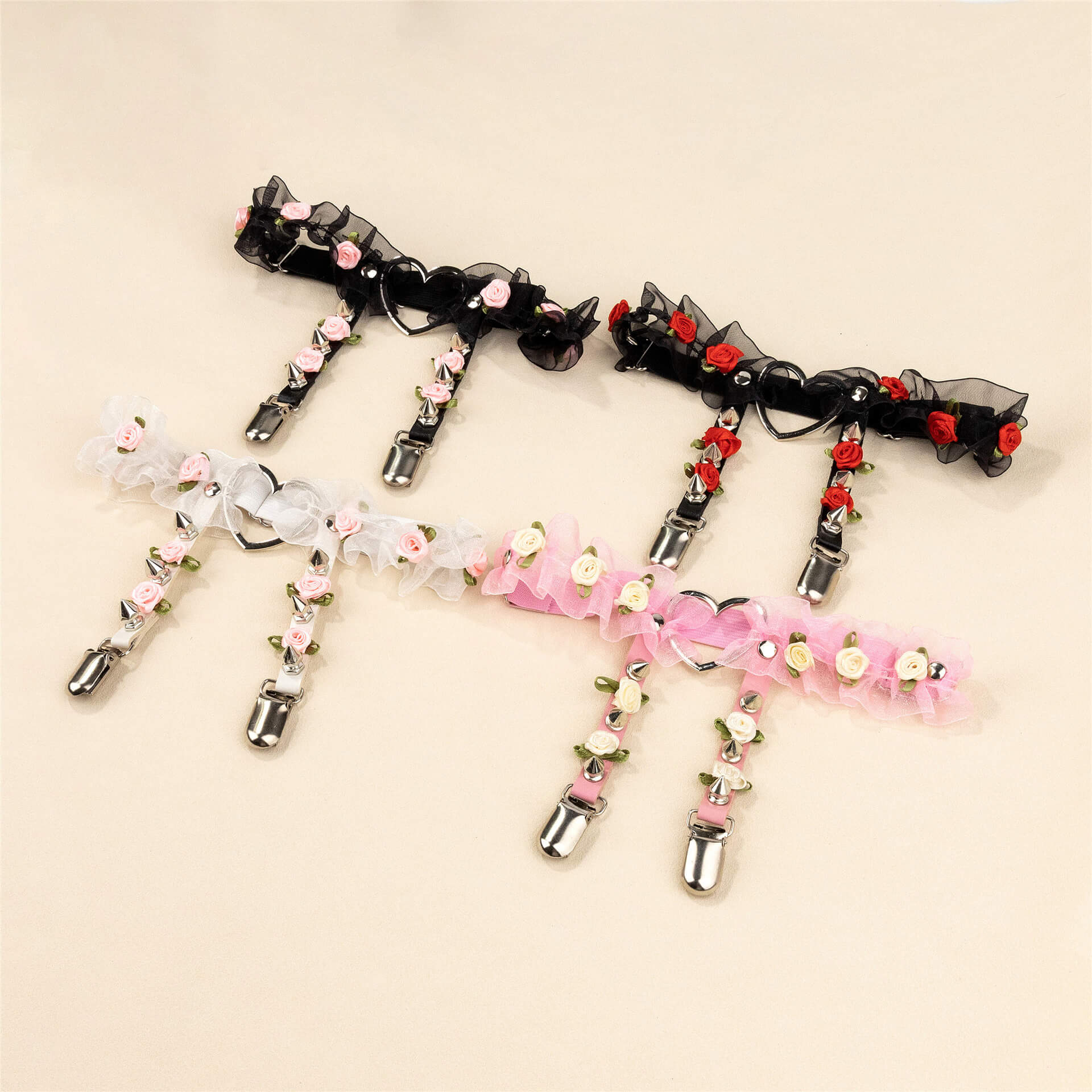 Black/Pink/White Punk Flower Garter With Heart - Femboy Fashion